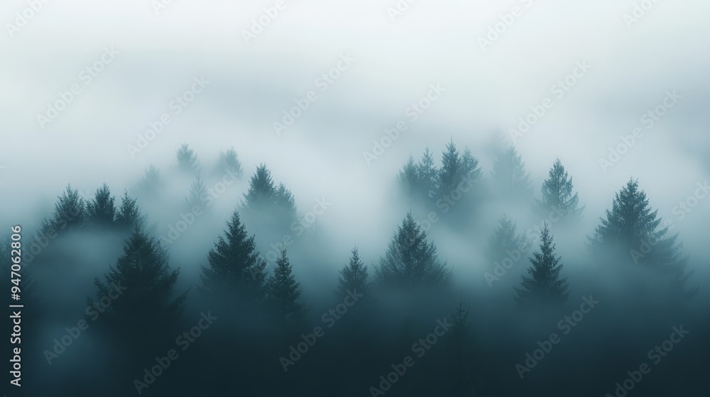 Misty forest landscape with tall trees emerging through dense fog ...