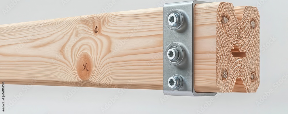 Cross-section of a wooden beam joined with a steel bracket, showing ...