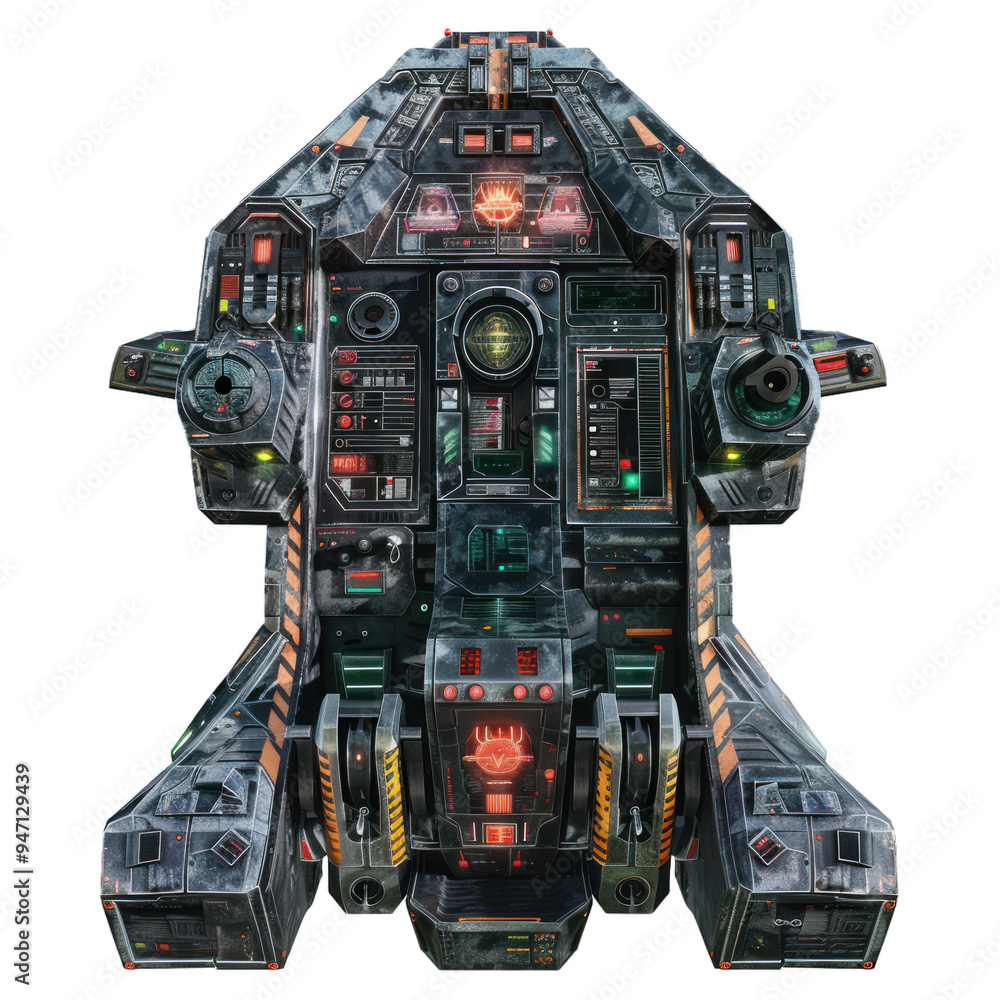 Powerful alien spaceship cockpit is flying in outer space with its ...