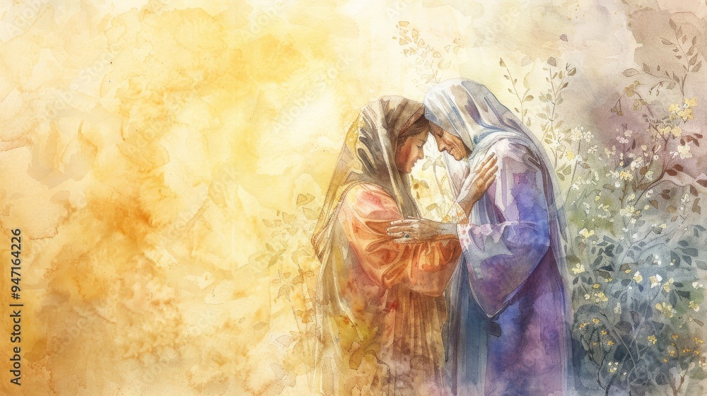 Mary and Elizabeth share a warm embrace, embodying joy and holiness, as ...