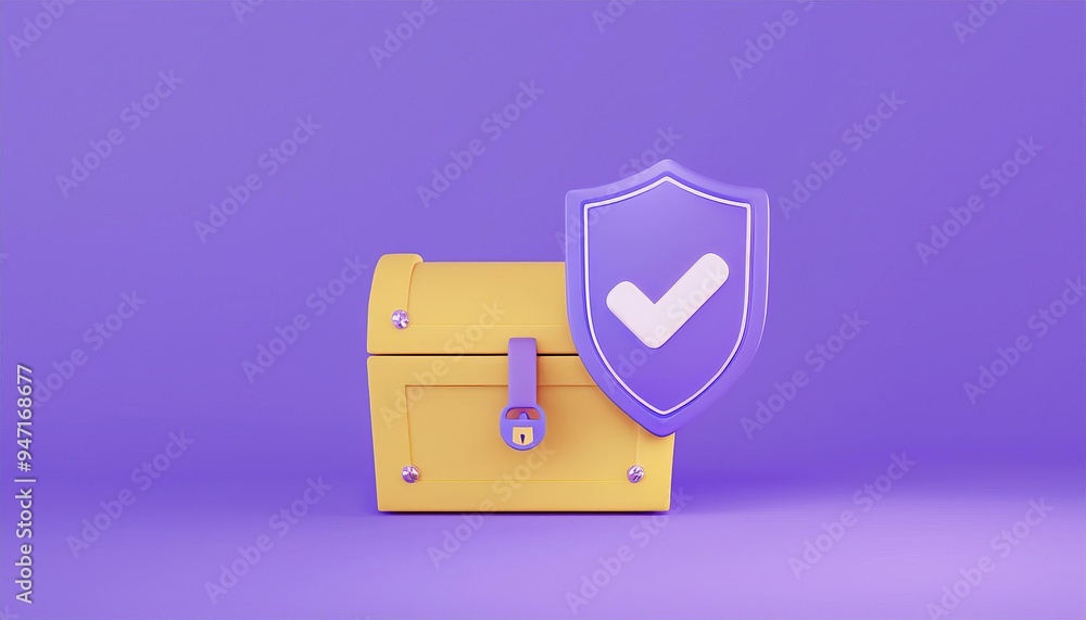 Yellow treasure chest with a checkmark shield symbol on a purple ...
