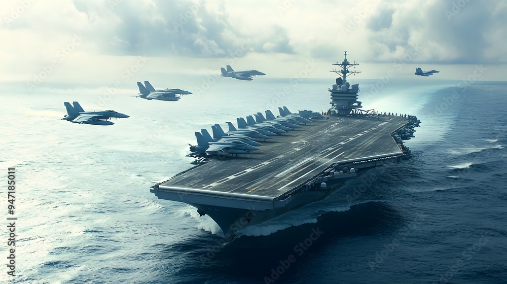 Powerful Aircraft Carrier with Fighter Jets in Naval Exercise Maneuver ...