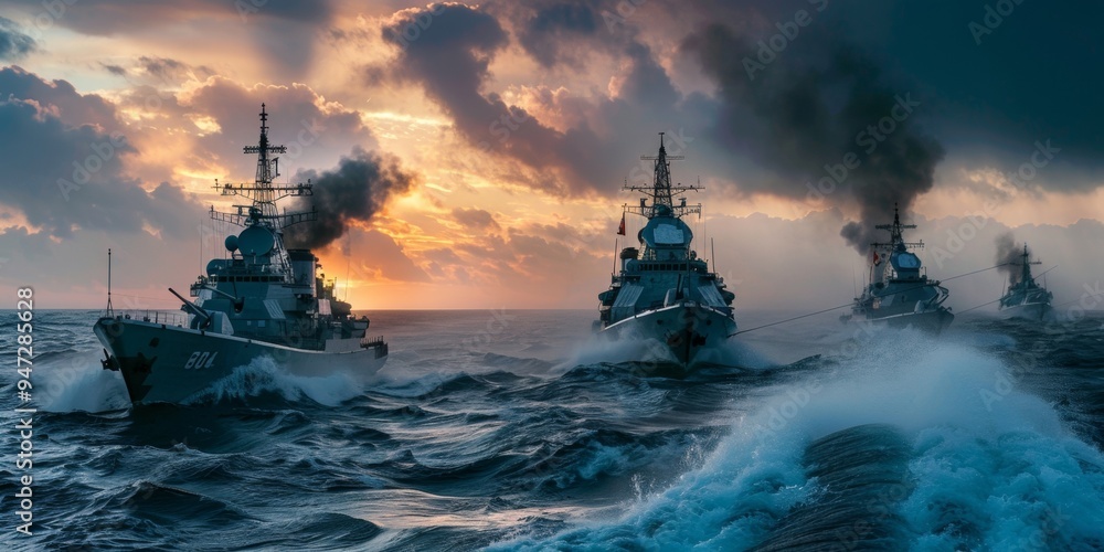 warship battle at sea, three warships with explosions and smoke, tense ...