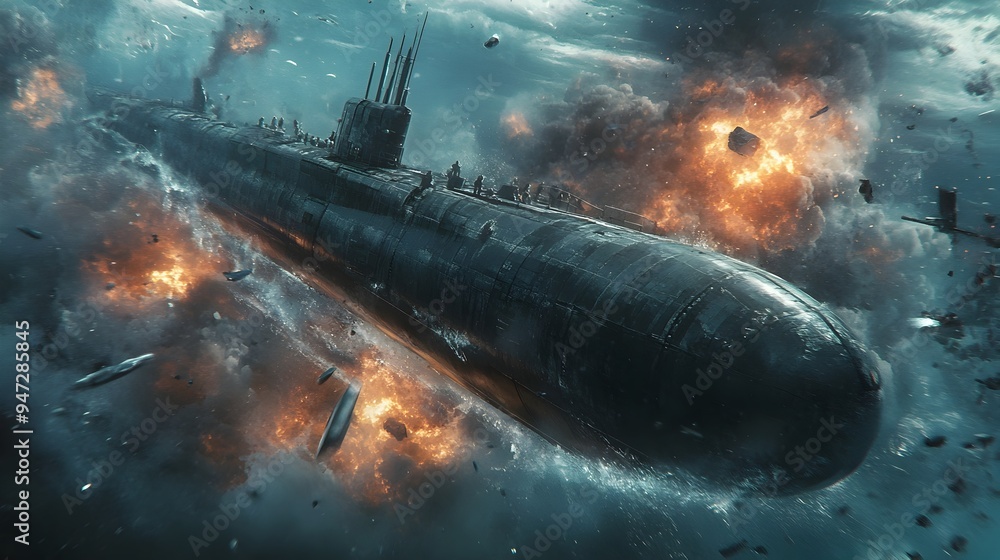 Submarine Submerged Facing Depth Charge Explosion During Military ...
