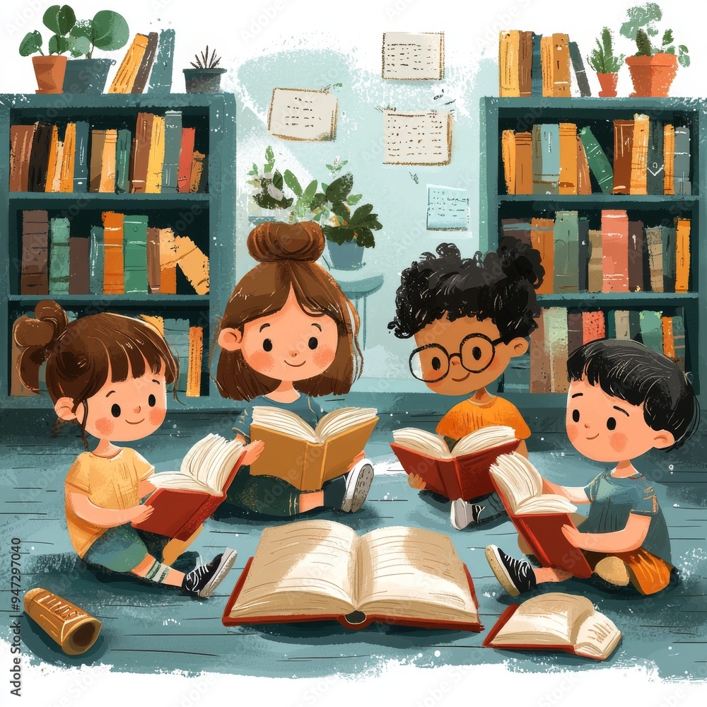 Children Reading Books In Library Stock Illustration | Adobe Stock