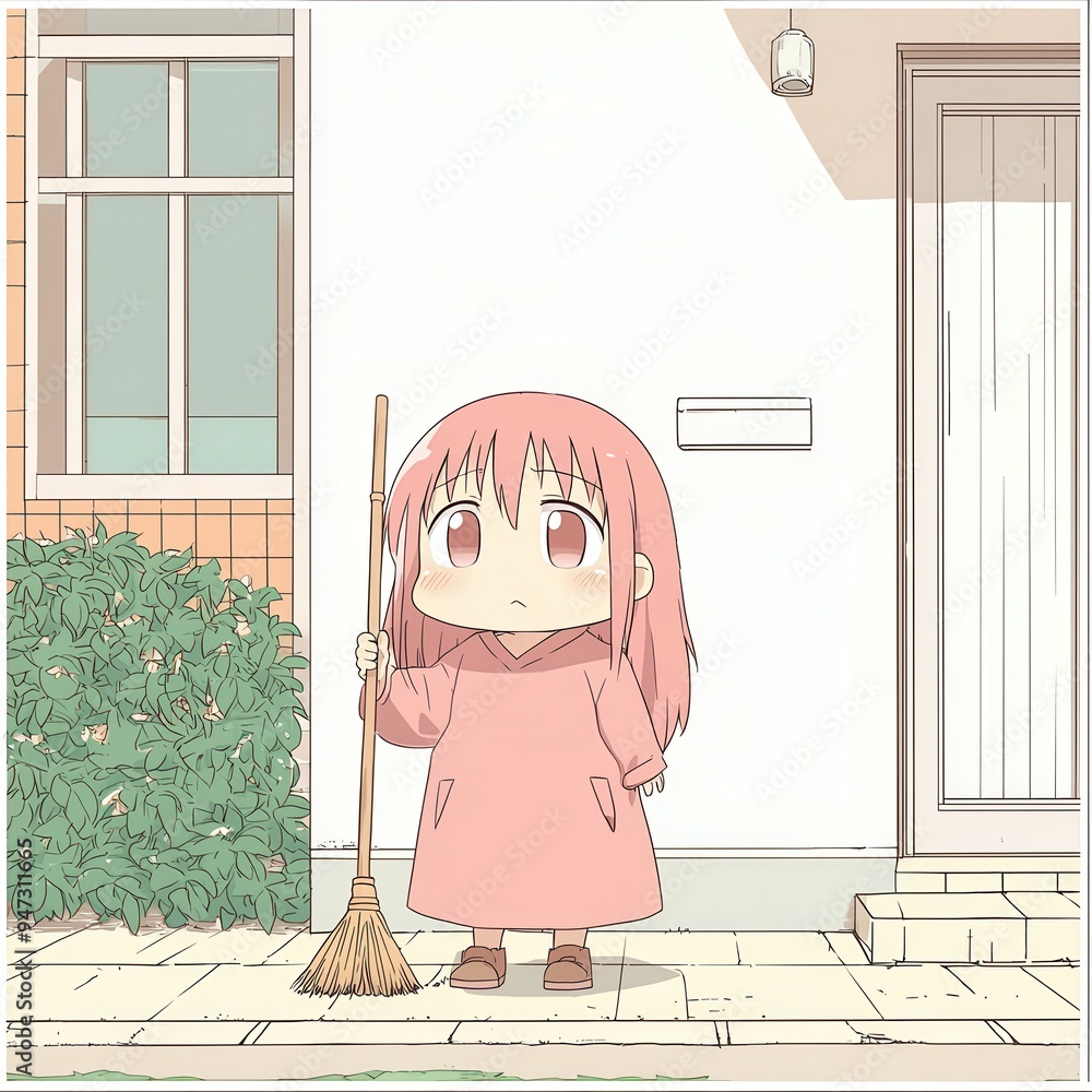 Cute Anime Girl Sweeping Outside House with Broom Stock Illustration ...