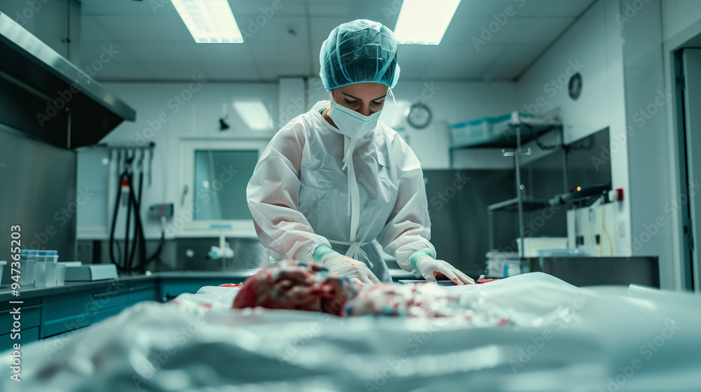 Female Forensic Specialist Doctor is examining a dead body on the ...