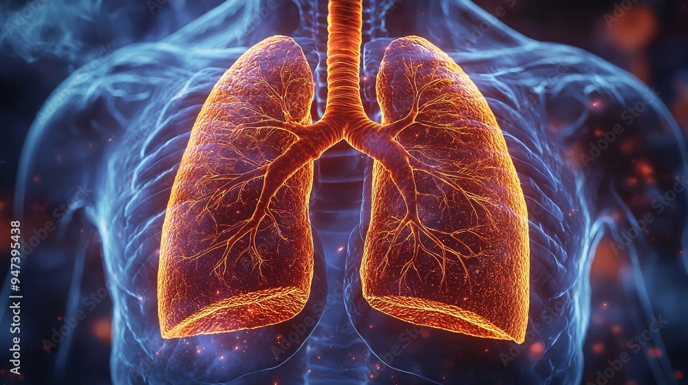 A highly detailed medical illustration of lungs with surrounding ...