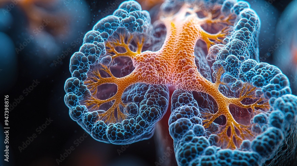 A lung cross-section with vibrant colors highlighting the different ...