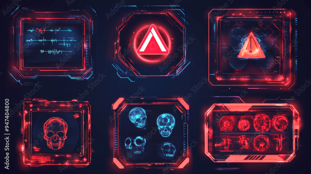 Stock-Illustration „Danger and warning red frames, featuring vector HUD ...