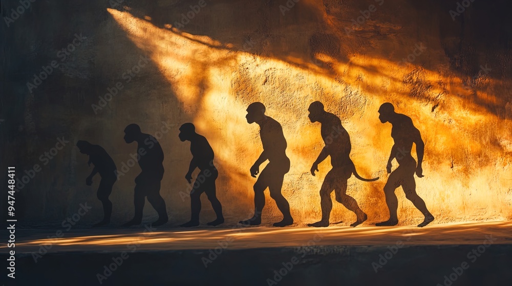 A series of silhouettes depicting the stages of human evolution is ...