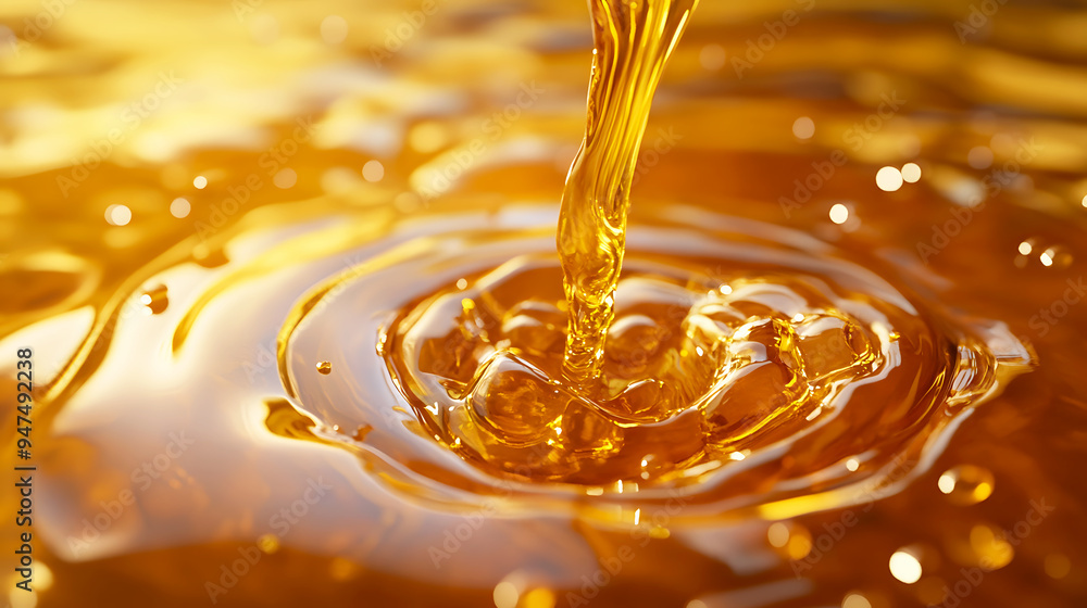 Illustrate a slow-motion capture of a syrup splash, with thick, sticky ...