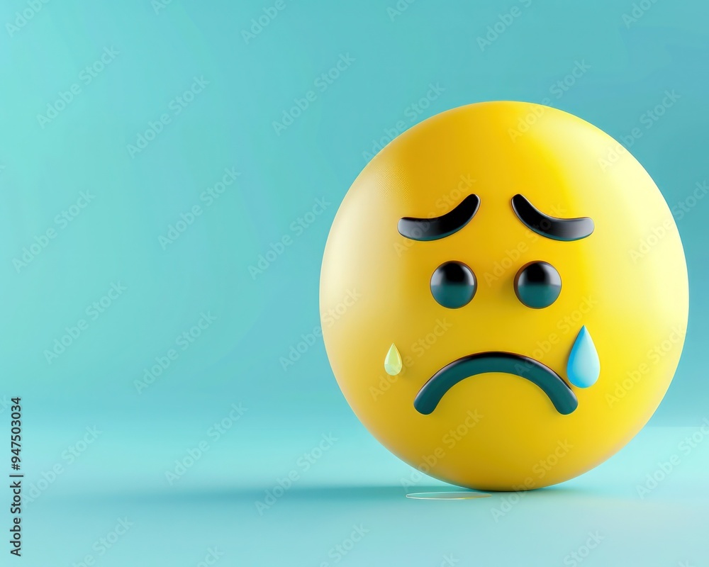 3D yellow emoji with a sad face, single tear drop, and soft matte ...