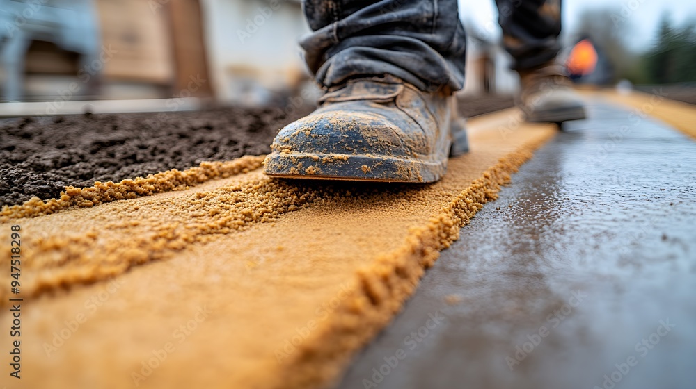Side view of a construction worker spreading a coarse sand layer over a ...