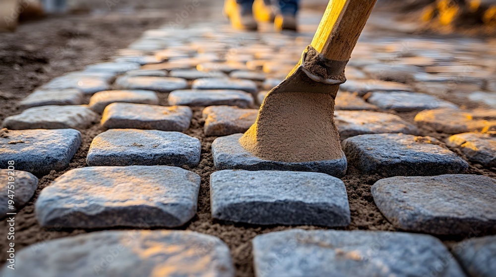 The process of stabilizing a cobblestone pathway, with sand being ...