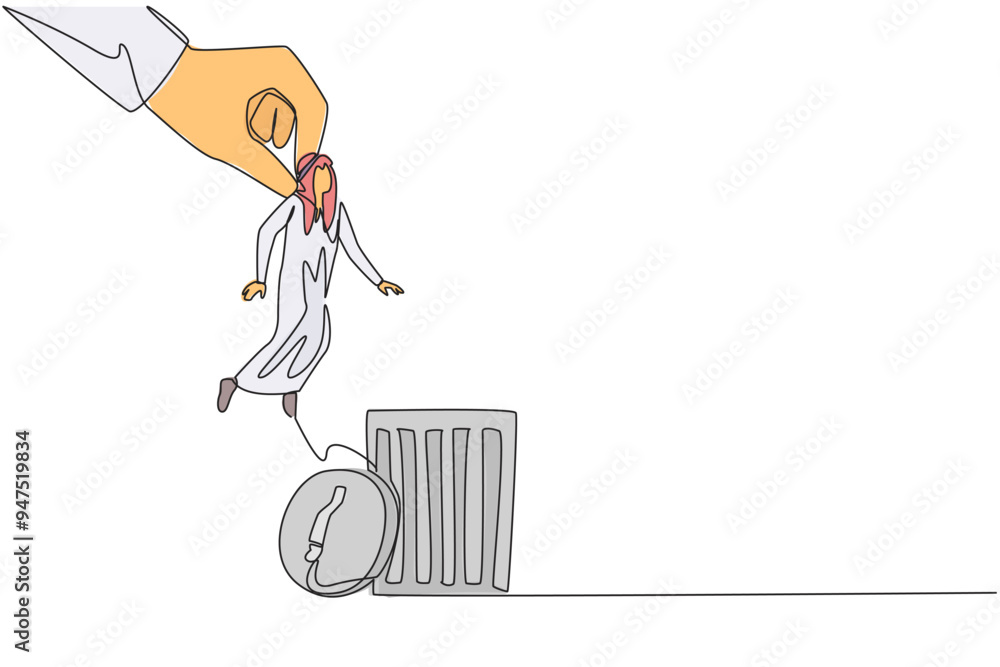 Single continuous line drawing Arabian businessman is lifted by giant ...