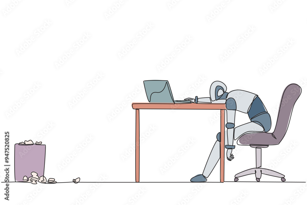 Single continuous line drawing robot sitting in a work chair looking ...