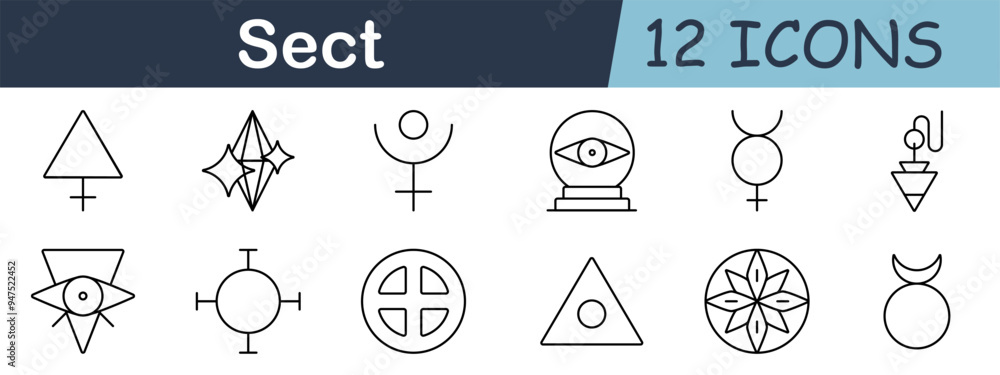 Sect symbols set icon. Triangle, cross, circle, eye, crystal, mystic ...