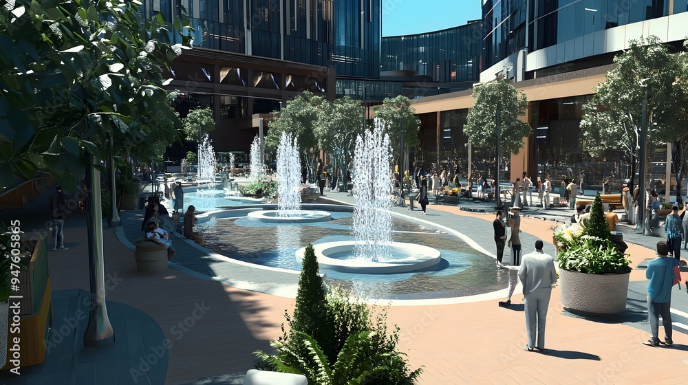 66. "A stunning 3D render of a lively city plaza with modern ...