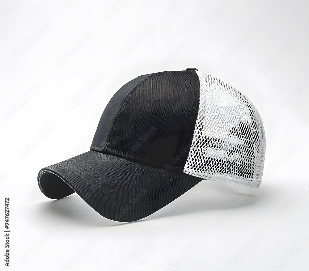 White and black trucker cap mockup, side view, white background, high ...