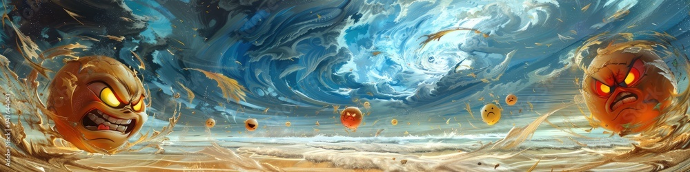 Energetic clash of swirling winds and angry emojis, creating a ...