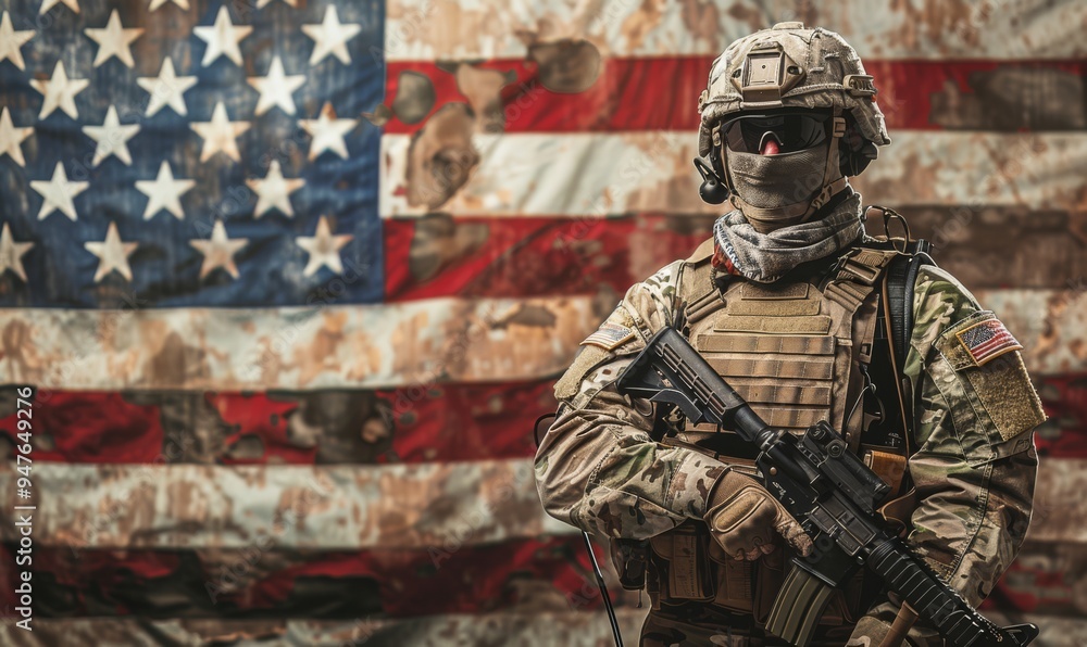 Soldier in uniform in front of USA flag background, template for ...