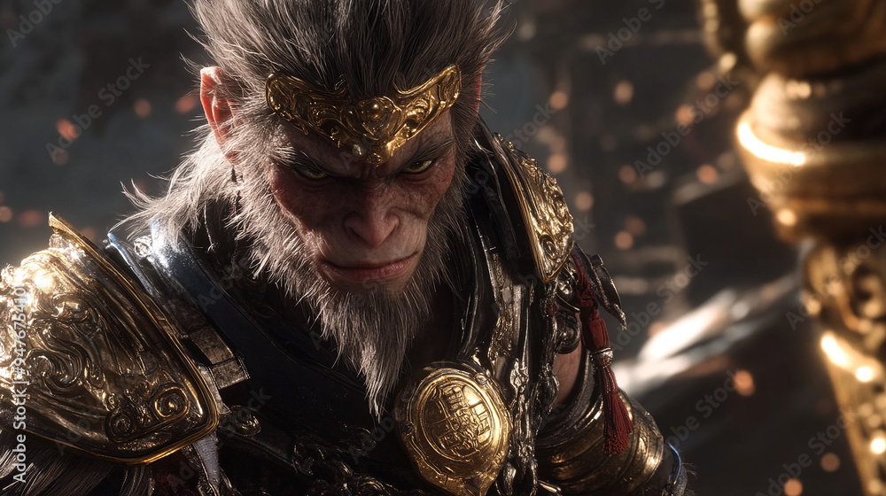 Sun Wukong in golden armor with spiky hair on dark background ...