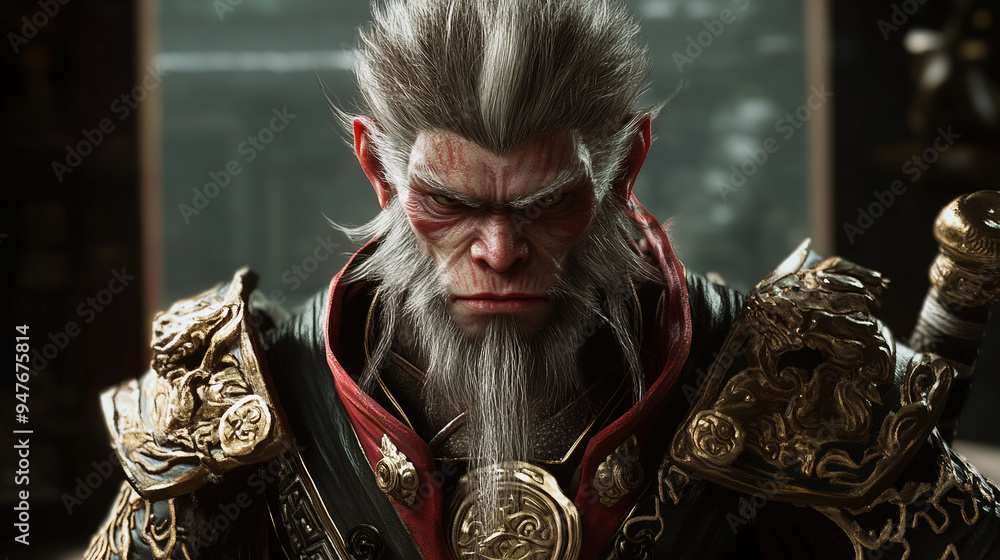 Sun Wukong in golden armor with spiky hair on dark background ...