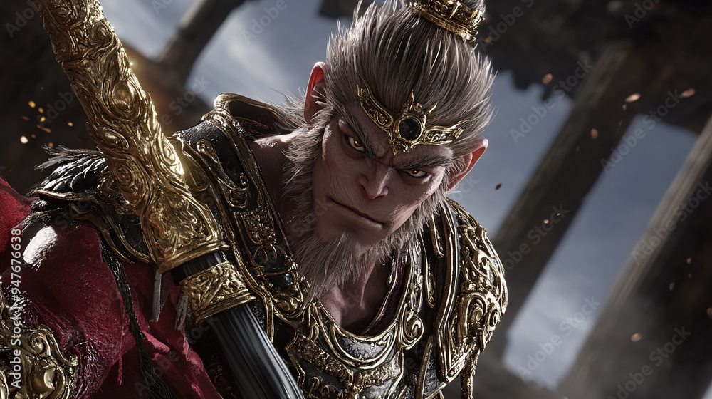 Sun Wukong in golden armor with spiky hair on dark background ...