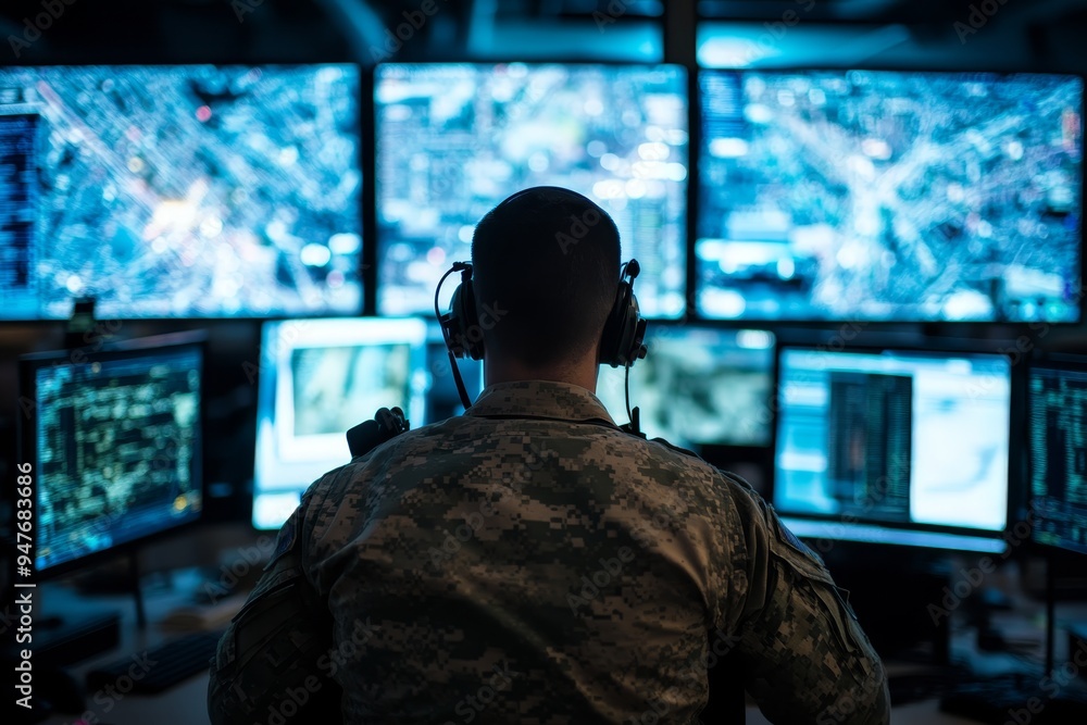 Military surveillance officer conducting city tracking in cyber control ...