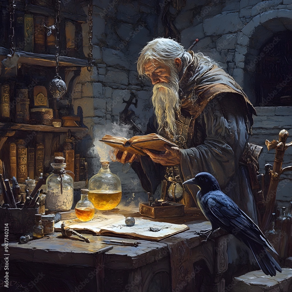 Wizard Hunched Over Arcane Tomes and Bubbling Potions in Medieval Tower ...