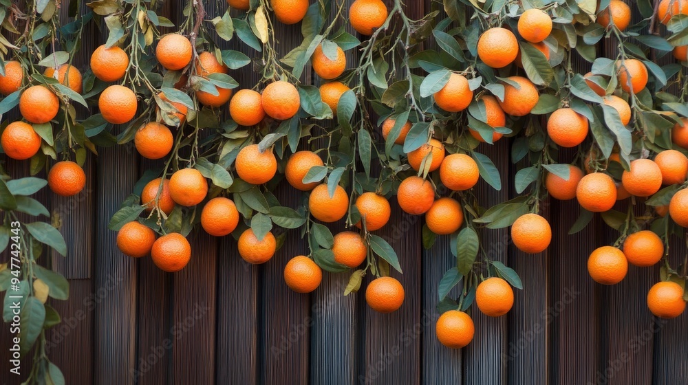 Fruit-laden orange tree branches draped over a fence, creating a ...