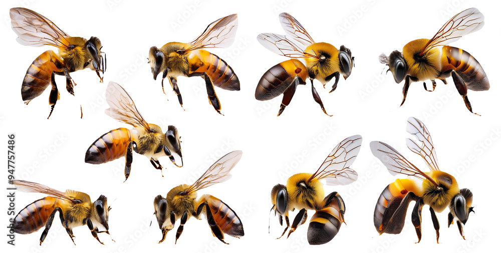 Collection of realistic bees in different flying positions isolated on ...