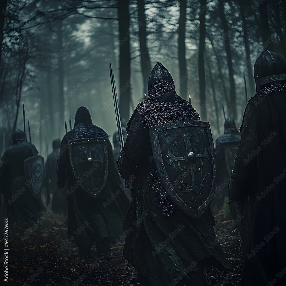 Fearsome Medieval Knights Marching Through Fog Shrouded Forest on All ...