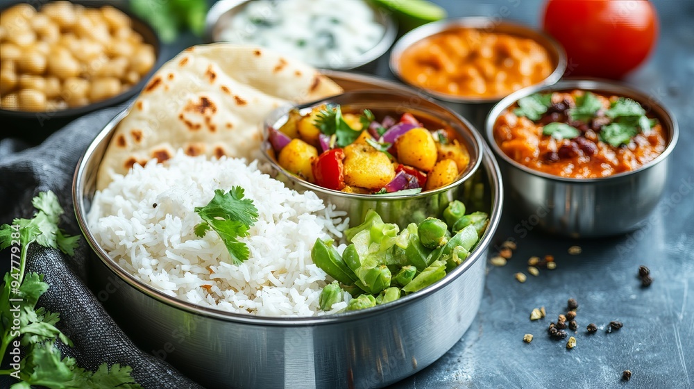 A typical Maharashtrian lunch box or tiffin filled with food Roti or ...