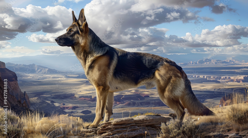 German Shepherd standing proudly in a regal pose, overlooking a vast ...
