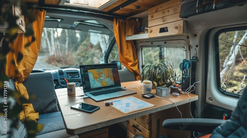 Nomadic Workspace Laptop Map and Wanderlust Essentials in Camper Van ...