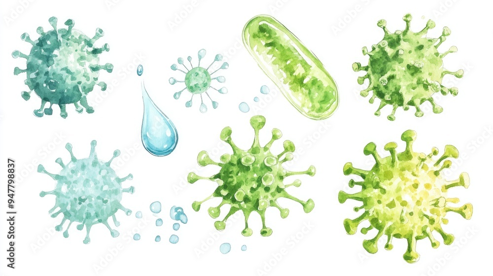 Watercolor illustration of flu bacteria HPV virus jade bacteria ...