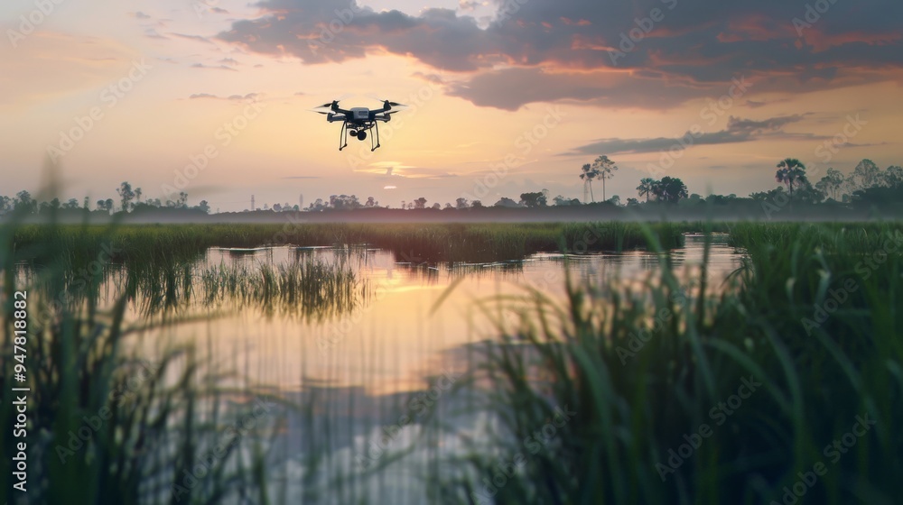 Twilight EcoConservation Drone Monitoring Wetland Rice Field for ...