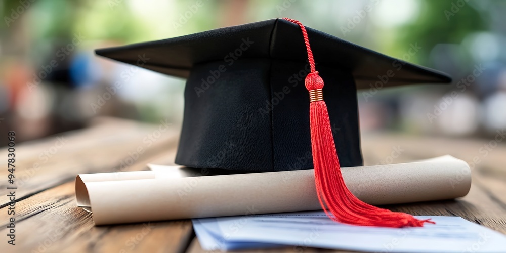 graduation cap on top of certificate celebrating passing final exam ...