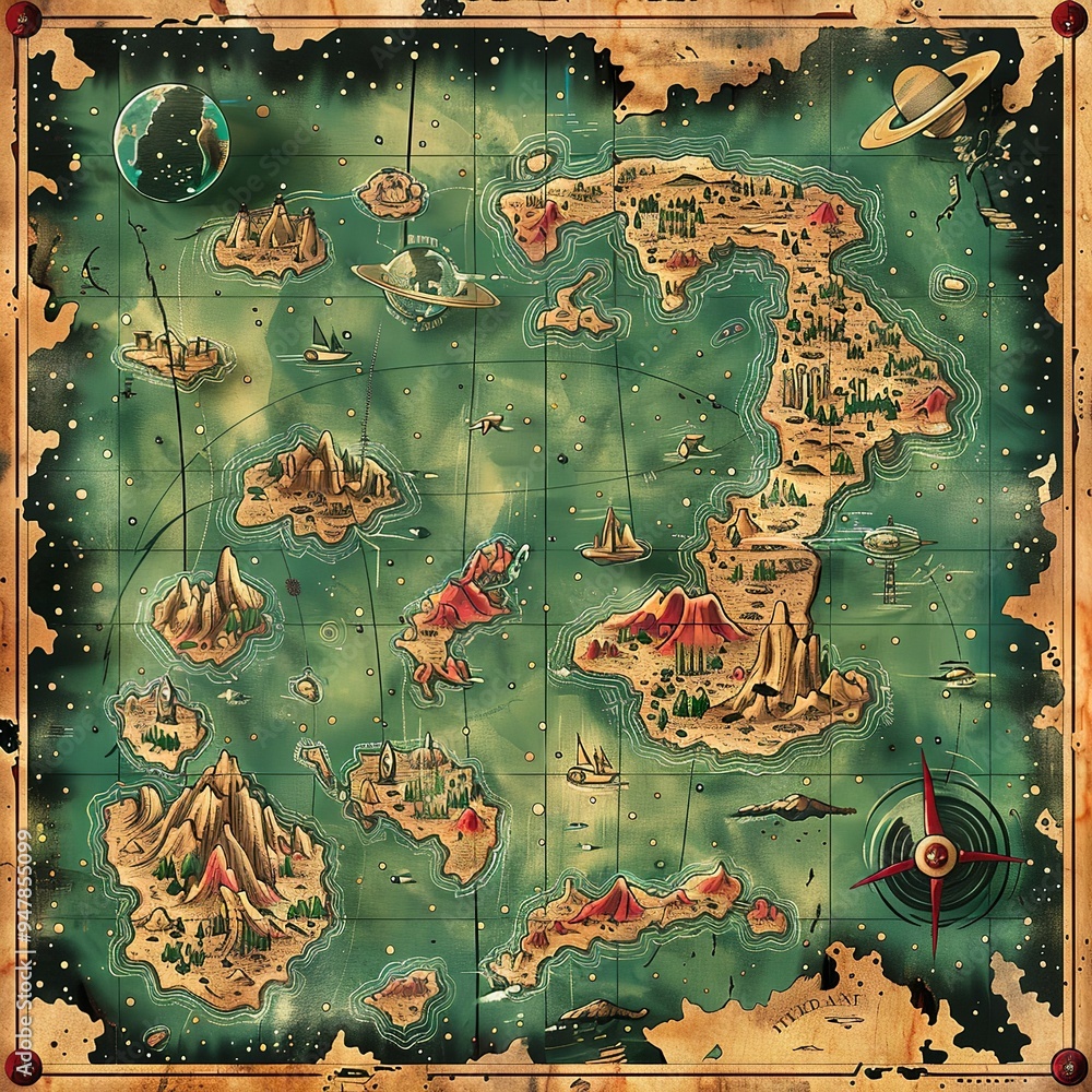 Vintage pirate treasure map of the seven seas with islands and seas in ...