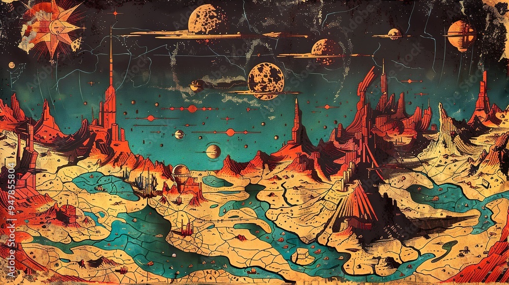 Retro sci-fi planet map old cartography vintage design with mountains ...