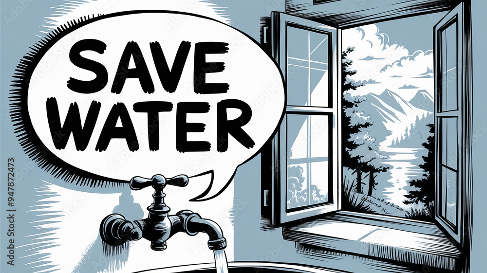 Save water cartoon illustration with a dripping faucet and a window ...