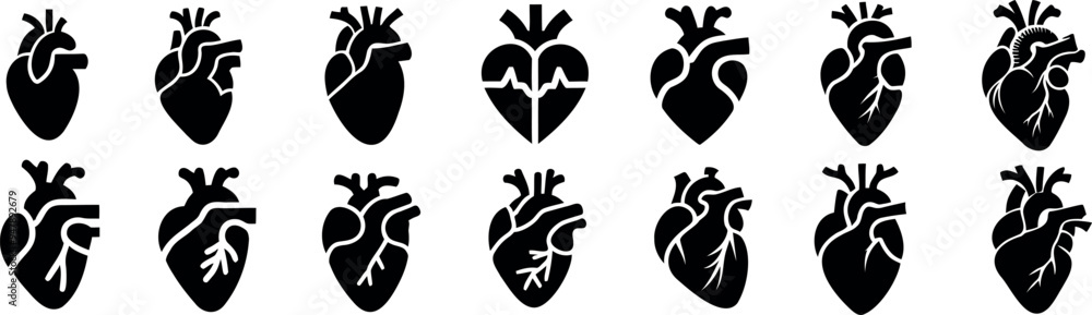 Anatomical heart vector silhouette icon set. heartbeat, cardiovascular ...