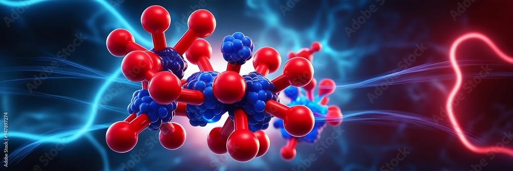 complex molecular structure with colorful atoms connected by bonds ...