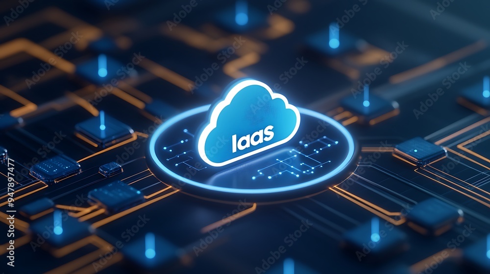 Cloud computing concept with glowing IaaS icon in blue and orange circuit board background ...