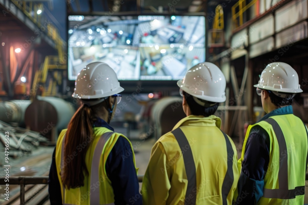 Close up of a group of workers in a steel plant watching a screen with ...