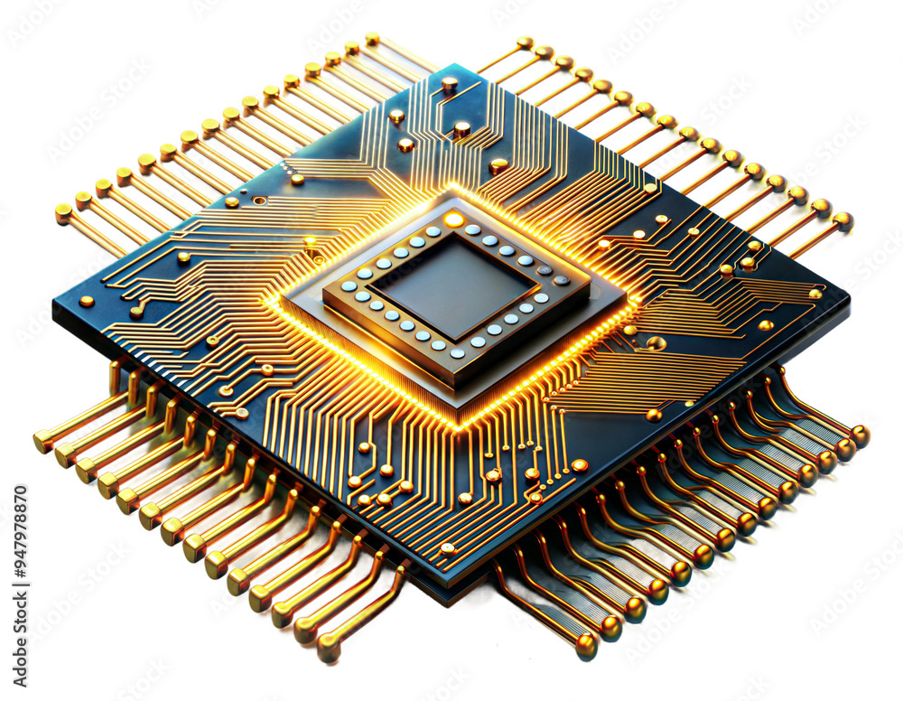 Microchip with complex circuitry designs on transparent background ...