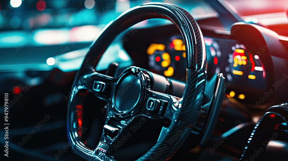 Detailed view of a high-tech racing car steering wheel gear shift ...