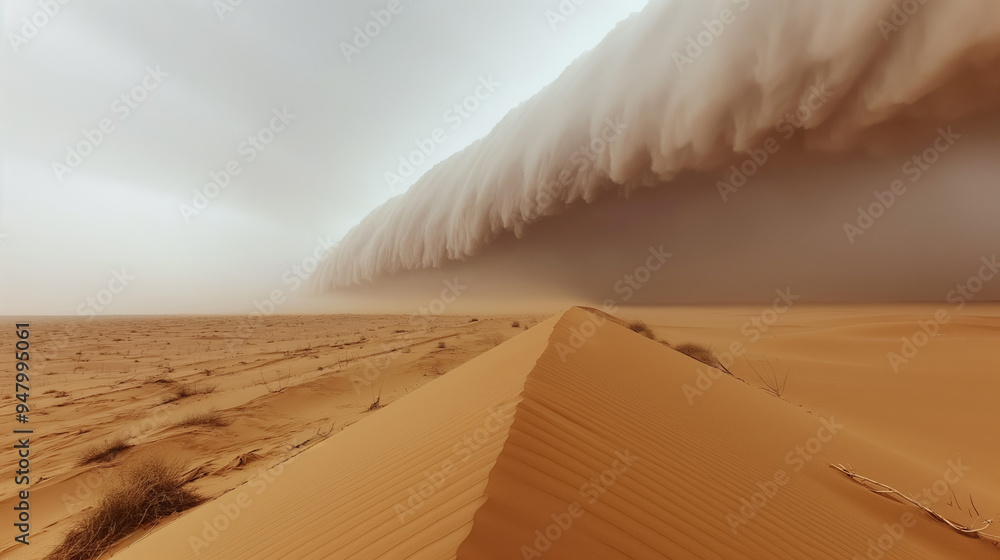 Massive sandstorm sweeping across a desert, with a towering wall of ...